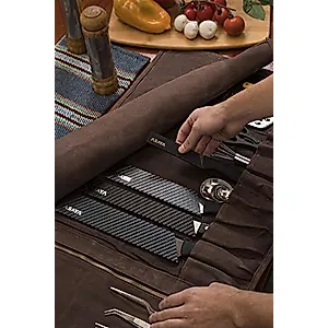 Asaya Waxed Canvas Knife Roll - 15 Knife Slots, Card Holder and Large Zippered Pocket - Genuine Leather, Cloth and Brass Buckles - for Chefs and Culinary Students - Knives Not Included