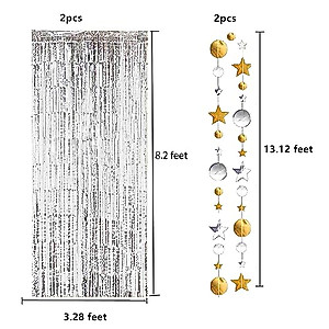 6.6x8.2 Feet Silver Foil Tinsel Fringe Backdrop Curtains with 26.2 Feet Circle Star Paper Garland Door Party Streamer for Birthday Bachelorette Bride Baby Shower Wedding Graduation Party Decorations