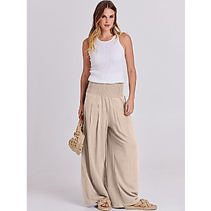 ANRABESS Women Linen Palazzo Pants Summer Boho Wide Leg High Waist Casual Lounge Pant 2025 Beach Travel Vacation Outfits Almond Large