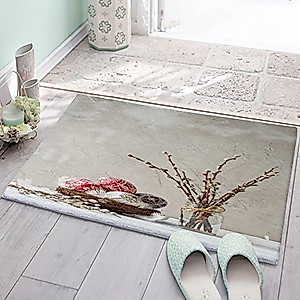 Fluffy Plush Mat Absorbent Doormat for Entrance Floor Willow Branches Easter Eggs Soft Shaggy Non-Slip Area Bath Rugs Eastern European Culture Furry Cushion Carpet for Indoor Bathroom Kitchen Decor