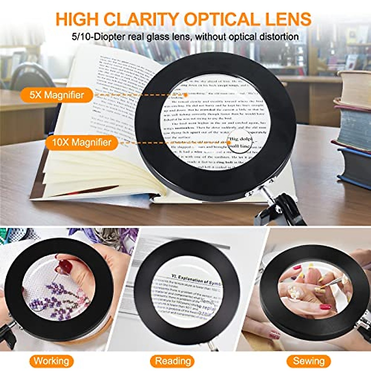 Magnifying Glass with Light and Stand, EOOKU 2-in-1 Magnifying Lamp & Clamp, 5X & 10X Magnifier 3 Color Modes Stepless Dimmable, Adjustable Swing Arm for Repair Crafts Soldering