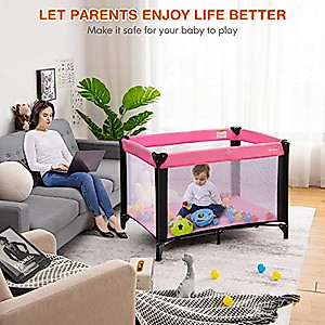 INFANS Pack and Play, Portable Playard with 50pcs Ball Pit Balls Carry Bag, Breathable Mattress, Washable Sheet Cover, Easy Folding Baby Crib Playpen Activity Center (Pink)