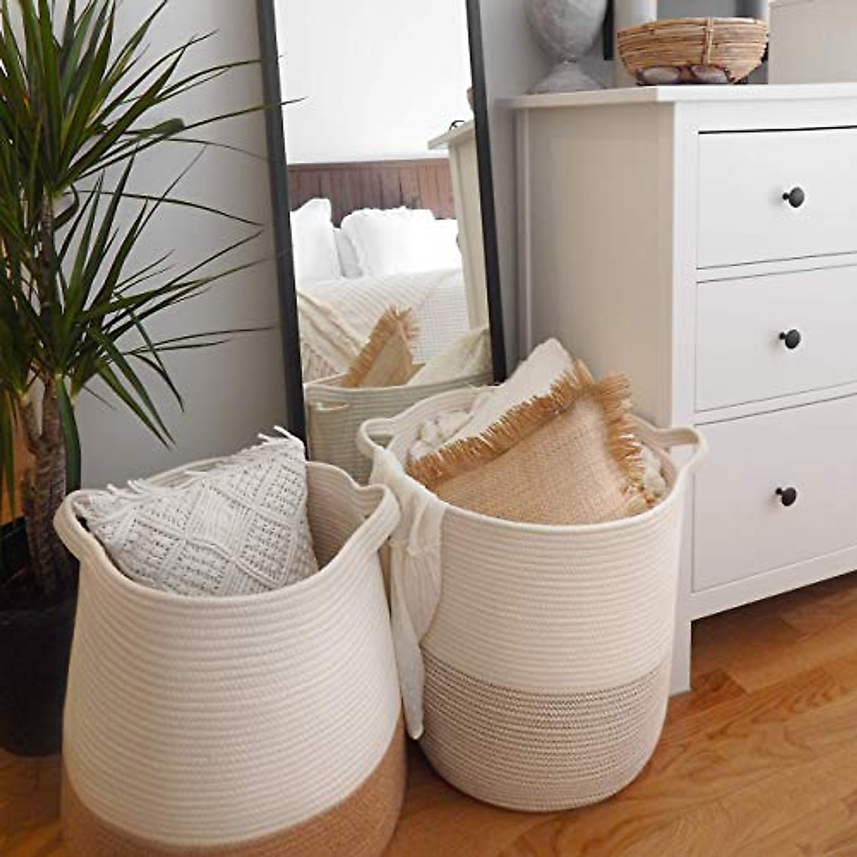Large Woven Storage Baskets (Set of 2) Decorative Blanket Basket for Living Room, Toys, Pillows, Nursery or Towels. Laundry Hamper. Baskets for Organizing. Cotton Rope Baskets