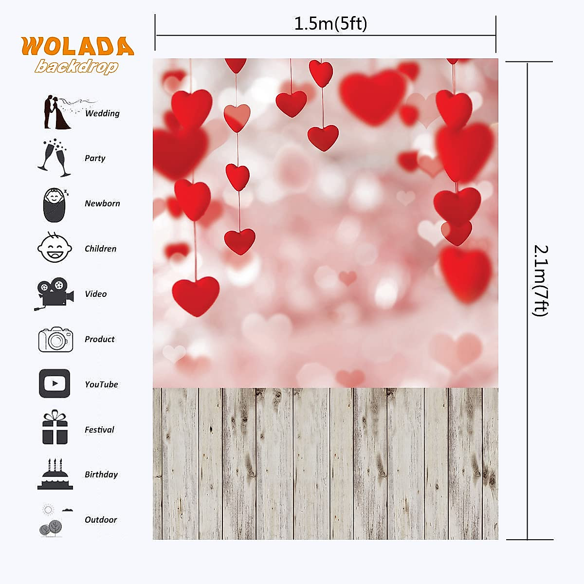 WOLADA 5x7FT Valentine's Backdrop for Photography Valentine's Day Backdrop Rustic Wood Red Love Heart Backdrop Romantic Love Theme Backdrop Engagement Wedding Party Decoration Photo Backdrop 10870