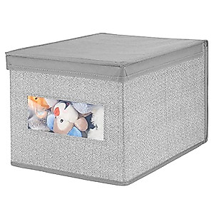 mDesign Large Soft Stackable Fabric Baby Nursery Storage Organizer Holder Bin Box with Front Window/Lid for Child/Kids Bedroom, Playroom, Classroom, Gray Herringbone
