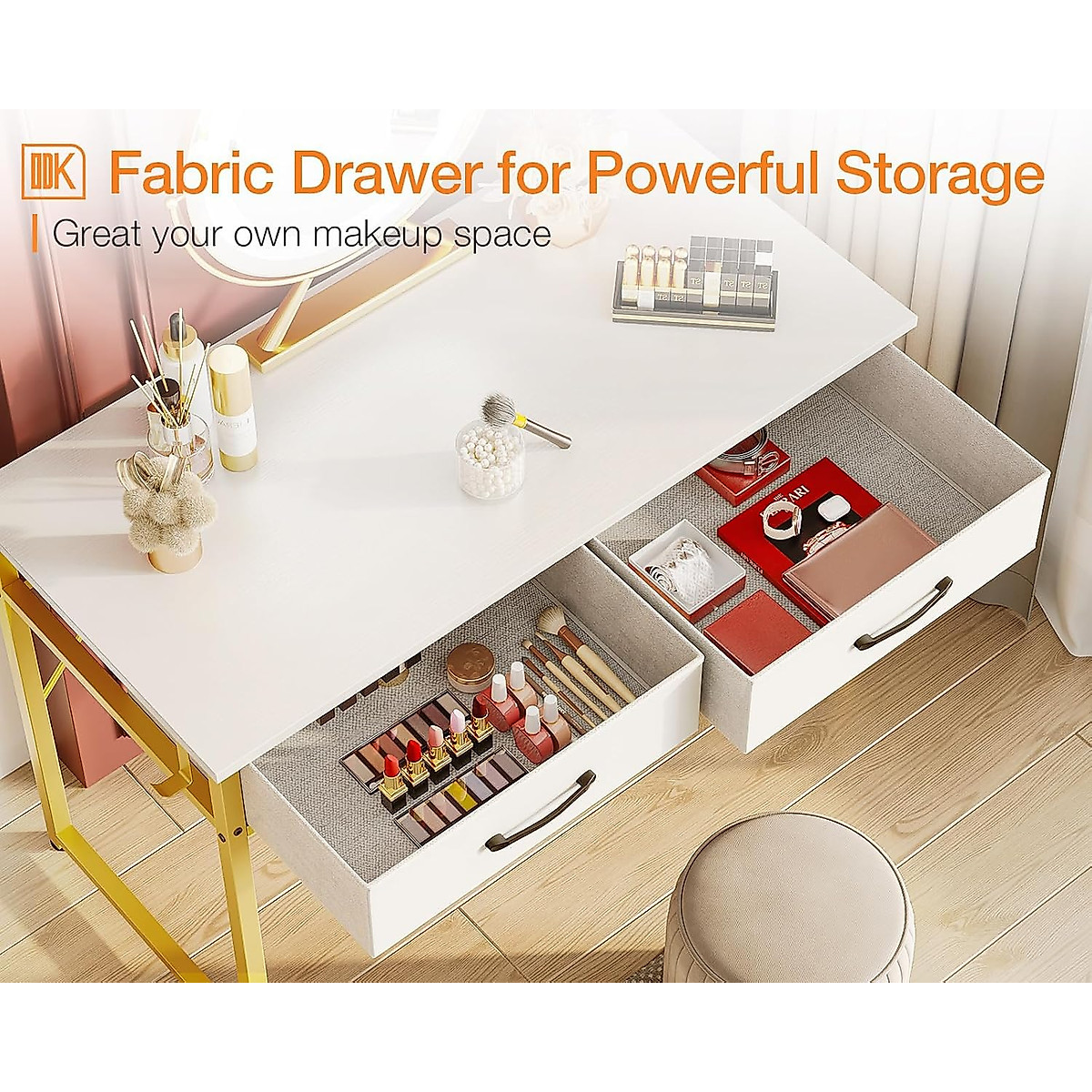 ODK Vanity Desk Without Mirror, Makeup Vanity with 2 Fabirc Drawers, White Vanity Dressing Vanity Table with Versatile Hook, 32 Inch Small Vanity for Bedroom, Desk Make Up for Girls, White and Gold