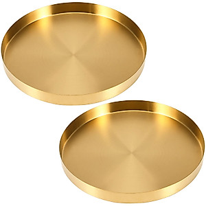 JOIKIT 2 Pack 12 Inch Round Gold Storage Trays, 30cm Stainless Steel Circle Decorative Tray Vanity Storage Organizer Serving Tray for Jewelry Coffee Table Bar Kitchen Countertop Bathroom Tableware