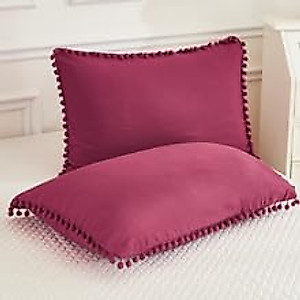 Andency Pom Pom Fringe Duvet Cover Full Size (79x90 Inch), 3 Pieces (1 Solid Burgundy Red Duvet Cover, 2 Pillowcases) Soft Washed Microfiber Duvet Cover Set with Zipper Closure, Corner Ties