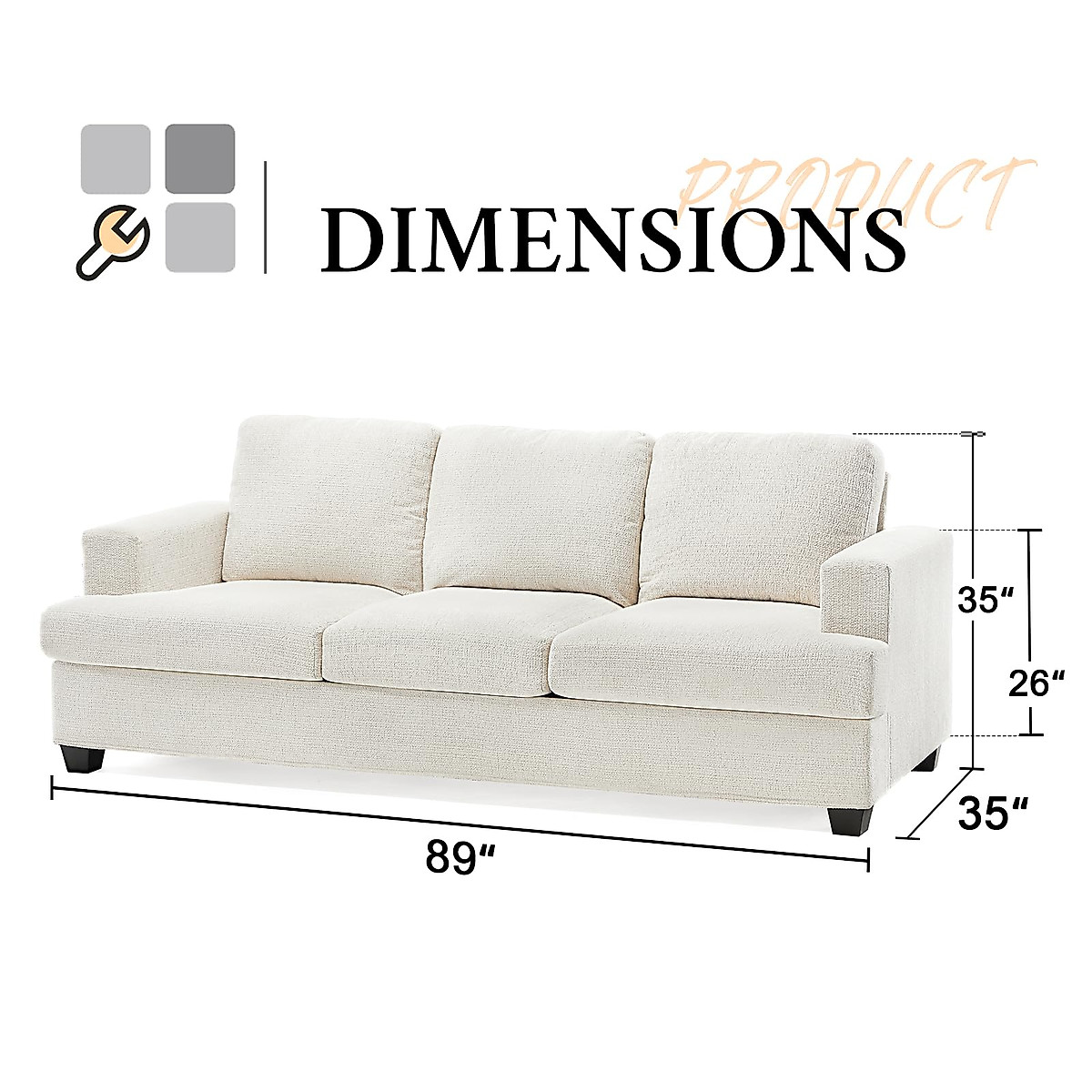 papababe Sofa, 3 Seater Modern Couches with Extra Deep Seats, 89 Inch Wide Comfy Couches for Living Room, Bedroom and Office (Chenille, Beige)