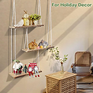 OriCre Floating Shelves Boho Wall Shelves 3 Tier Rustic Wood Hanging Shelves Adjustable Rope Shelf for Boho Aesthetic Room Decor Bedroom/Living Room/Bathroom/Kitchen/Corner/Plant,Book,Décor