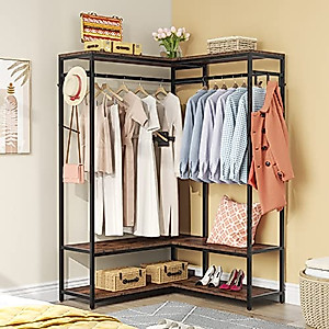 Tribesigns L Shaped Garment Rack, Heavy Duty Wardbrobe Rack, Heavy Duty Wood Clothing Rack with Double Rods Clothes Rack with Storage Shelves and Side Hooks for Hats