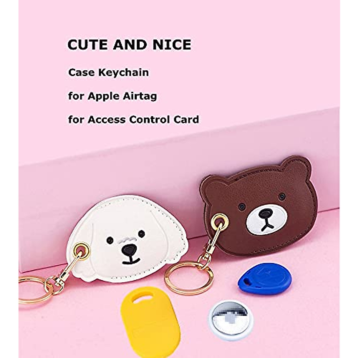 2 Pack Tomcrazy 3in1 Cartoon Protective Case for Apple Airtag Keys Ring Samsung Galaxy SmartTag Cases Tile Mate 2022 Sticker 2020 Access Card Keychain Suitable for Bag/Suitcase (1 Dog & 1 Bear)