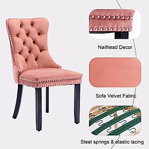 Rhomtree Contemporary Button Tufted Dining Chairs High-end Velvet Upholstered Dining Chairs with Nailhead Back and Ring Pull Trim Wood Kitchen Chairs for Dining Room (Pink 01, Set of 8)