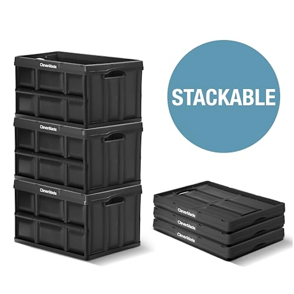 CleverMade Collapsible Storage Bin, Black, 3PK - 46L (12 Gal) Stackable Storage Containers, Holds 66lbs Per Bin - Plastic Storage Bins for Organizing, Closet Storage, Garage Storage