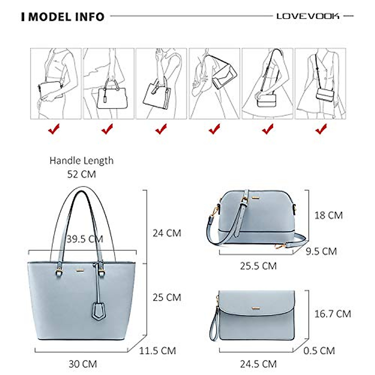 Handbags for Women Tote Bag Shoulder Bags Fashion Satchel Top Handle Structured Purse Set Designer Purses 3PCS PU Stand Gift Light Blue