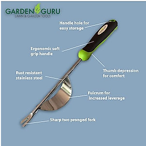 Garden Guru Dandelion Weeder Tool with Ergonomic Handle & Fulcrum - Stainless Steel Weed Puller for Planting, Weeding, Flower and Vegetable Care in Lawn Garden Yard | Rust Resistant