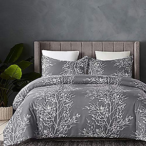 Vaulia Lightweight Cooling Microfiber Duvet Cover Set, Grey and White Floral Branches Printed Pattern All Season - Queen Size, 3-Piece Set (1 Duvet Cover 2 Pillow Shams)