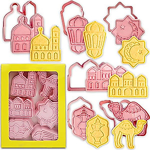 6 Pcs Eid Mubarak Cookie Cutters Set,3D Ramadan Islamic Muslim Cookie Stamp Biscuit Cutters,DIY Biscuit Press Stamp Molds,Biscuit Embossing Fondant Baking Tool,Camel,Lantern,Islamic Star,Star,Moon