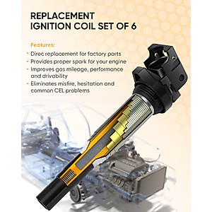 POCYBER Ignition Coil Pack Set of 6 for BMW Compatible with BMW 325i 325Ci 328i 330Ci 335i 525i 528i 530i 535i 545i X3 X5 M5 M6 Z4 Mini & more, Replaces OE# 12138616153