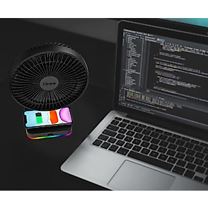 Hiree Table Fan with LED Lights, 2 Speeds Quiet Air Circulator Personal Desk Fan with 10W/7.5W Fast Charger QI Wireless Charging Pad - Suitable for Home, Bedroom, Office, Dorm