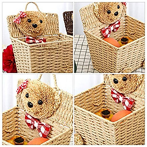 DOITOOL Bear Storage Basket Willow Basket Rustic Hanging Woven Storage Bin Desktop Sundries Makeup Basket with Lid Handle Multifunctional Wicker Organizer Khaki
