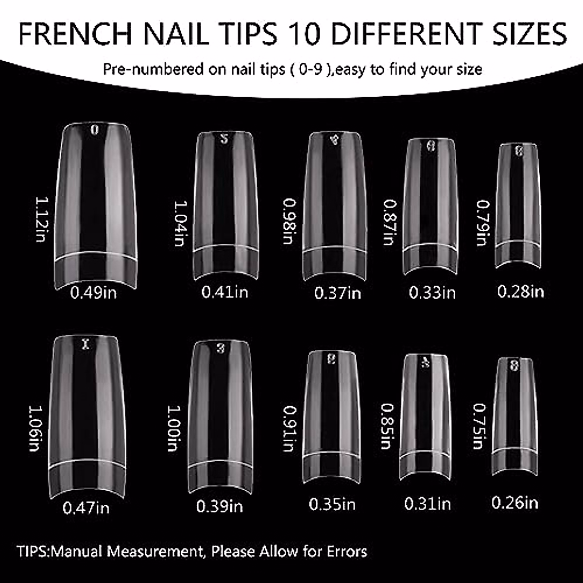 GoLashFun 500PCS French Nail Tips Half Cover,CLear Lady French Style Acrylic Half Square False Nail Art Tips 10 Sizes Artificial Fake Nails for Nail Manicure Salon