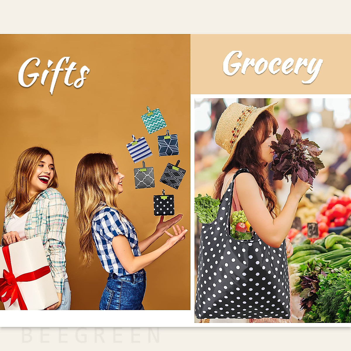 BeeGreen Shopping Bags Reusable Grocery Tote Bags 6 Pack XLarge 50LBS Ripstop Geometric Fashion Recycling Bags with Pouch Bulk Machine Washable Nylon Bags Black Gray Blue Navy Teal Christmas