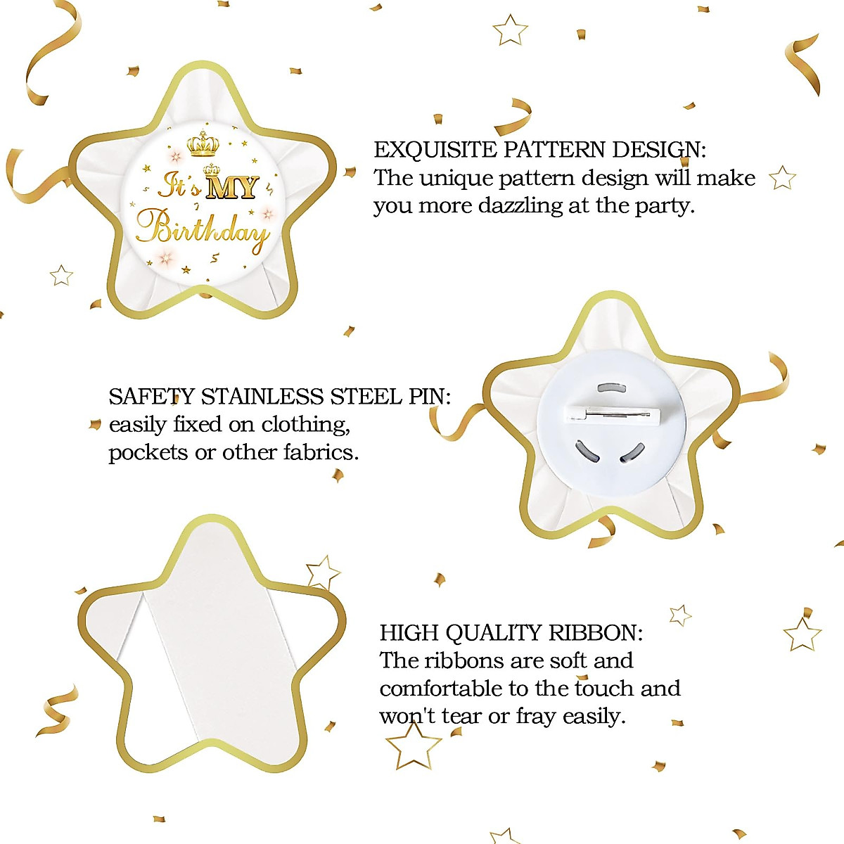 White It's My Birthday Tinplate Badge Pin, White Rosette Happy Birthday Pin for Women, Cheers to 21st/30th/40th/50th Years Award Ribbon, It's My Birthday Party Decorations