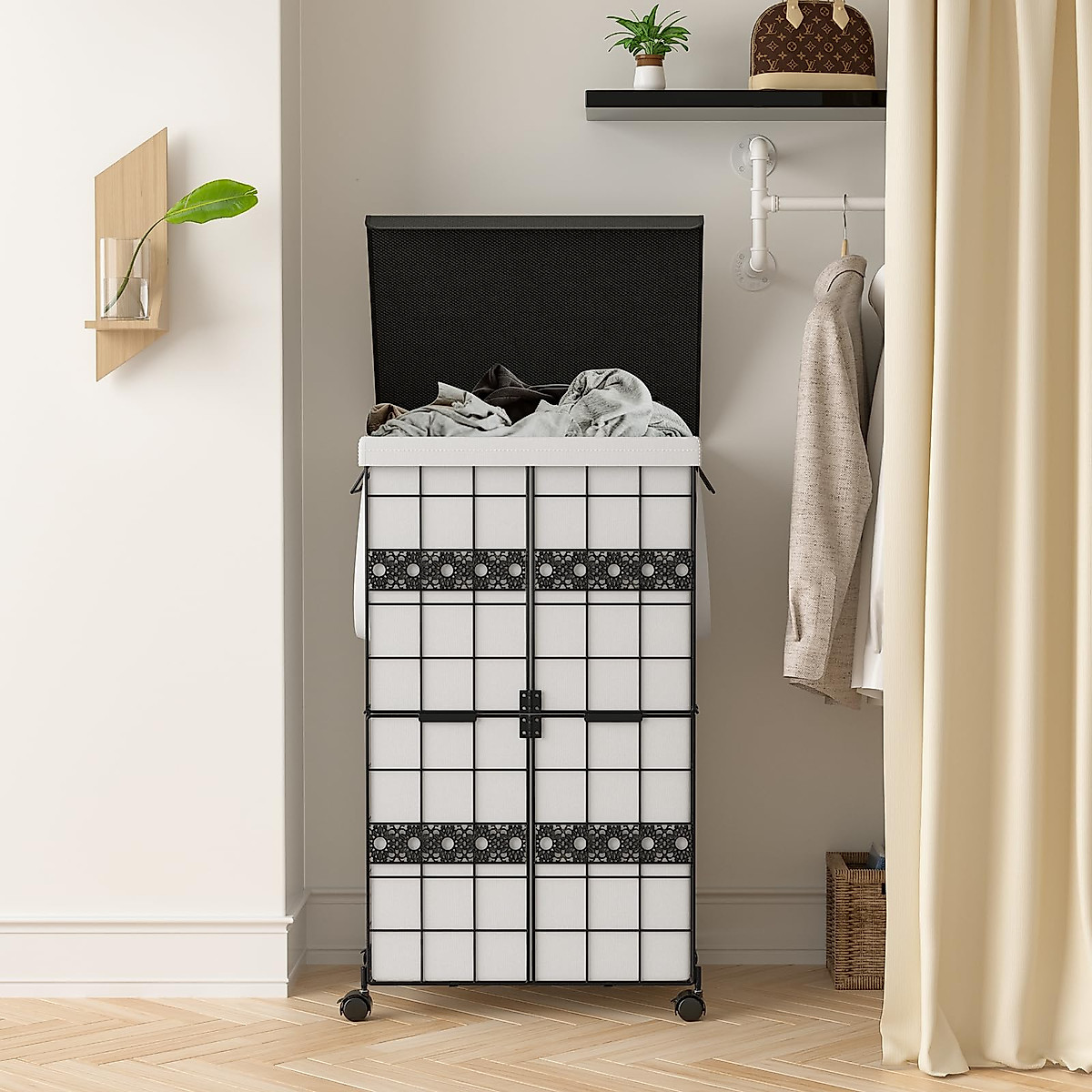 SHIISEWE Laundry Basket with Wheels, Large Metal Laundry Hamper with Lid and Removable Laundry Bag, Collapsible Tall Laundry Hamper, 90L Laundry Basket Organizer for Bedroom, Bathroom