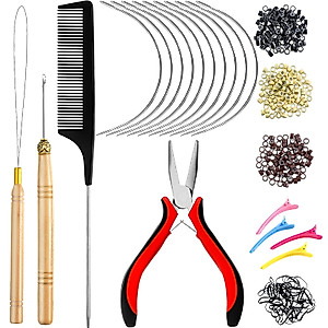 Chuangdi Sew in Hair Extension Tool Kit, 600 Silicone Lined Micro Ring Beads 1 Pliers 2 Hook Needle Pulling Loop 10 Curved Hair Needle 4 Alligator Clips 1 Comb 100 Black Mini Rubber Band