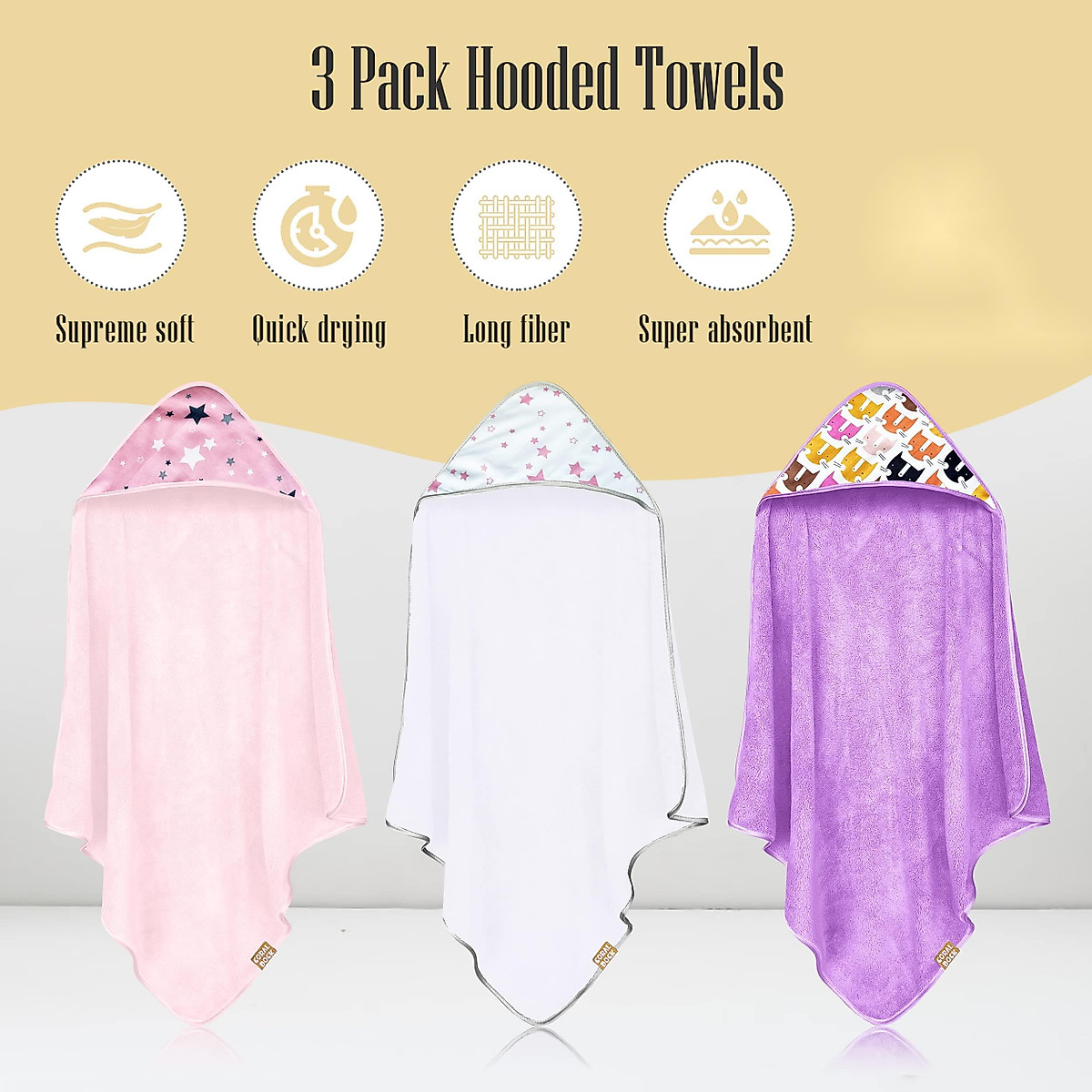 CORAL DOCK 3 Pack Baby Hooded Bath Towel Sets, Ultra Absorbent Baby Essentials Item for Newborn Boy Girl, Baby Bath Shower Towel Gifts for Infant and Toddler - Cute Pink Starry Sky