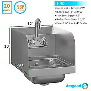 AmGood Stainless Steel Wall Mount Hand Sink with Faucet and Sidesplash 12" x 16" | NSF Commercial Hand Washing Basin For Restaurant, Kitchen and Home | Bowl Size: 9" x 9"