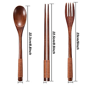 2 Sets Wooden Flatware Wooden Fork and Spoon Chopsticks Reusable Tableware Cutlery Set Travel Utensils Tied Line Flatware, Eating Utensils with Pouch for Office Camping Traveling