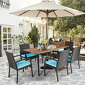 Tangkula 7 Pieces Patio Dining Set, Acacia Wood Wicker Dining Furniture Set with Steel Frame & Umbrella Hole, Outdoor Dining Table Chair Set with Removable Cushions for Backyard, Garden (Turquoise)