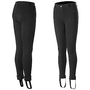 HORZE Nora Girls Riding Pants | Pull-on Kids Equestrian Leather Knee Patch Jodhpur Breeches - Black - M