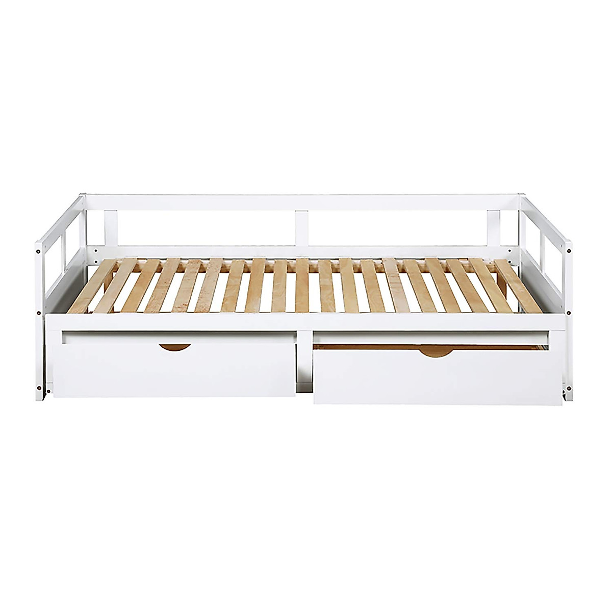 Wooden Daybed Extendable Bed, Twin to King Daybed Frame with Trundle Bed and 2 Storage Drawers, Sofa Bed for Bedroom Living Room (White)