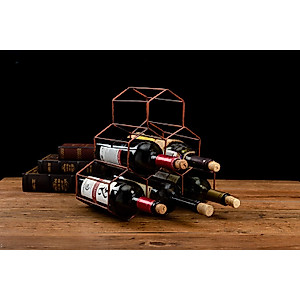 Asian Home Geometric Hexagon 6 Bottle Desktop Wine Rack Freestanding Countertop Bottle Holder for Wine Storage, Metal, Copper