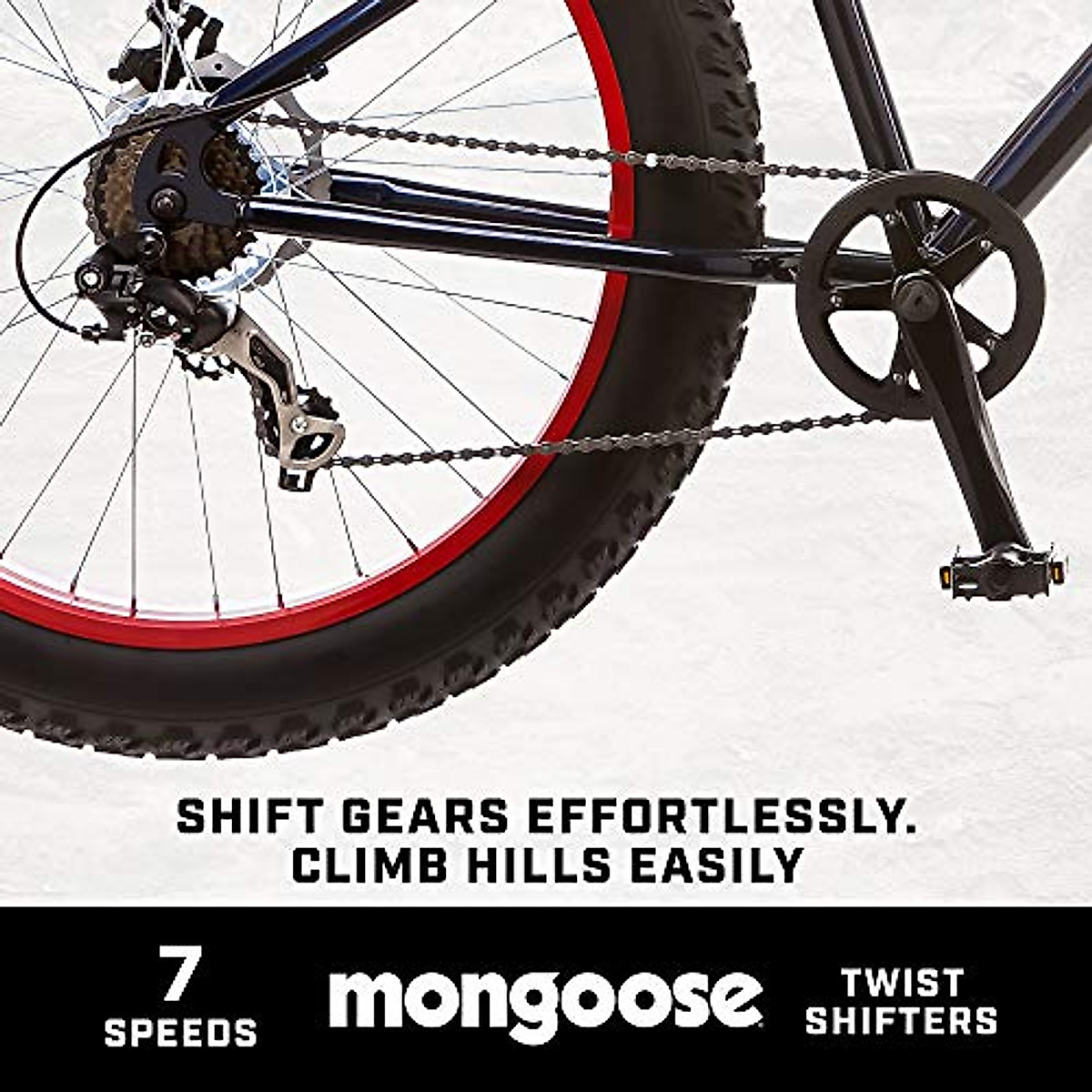 Mongoose Dolomite Mens and Womens Fat Tire Mountain Bike, 26-inch Wheels, 4-Inch Wide Knobby Tires, 7-Speed, Adult Steel Frame, Front and Rear Brakes, Navy Blue