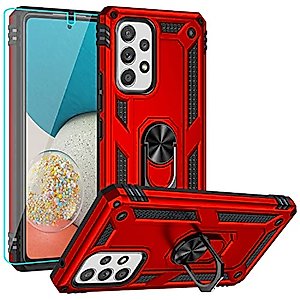 YZOK Case for Samsung Galaxy A53 Case,with HD Screen Protector, [Military Grade] Ring Car Mount Kickstand Hybrid Hard PC Soft TPU Shockproof Protective Case for Samsung A53 (Red)