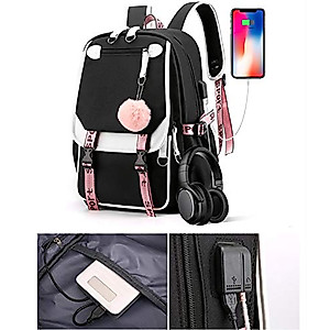 HANXIUCAO Girl Backpack 20-35L Large Capacity Oxford Cloth School Bag Outdoor Rucksackwith USB Charging and Headphone Port for Students (black and pink)