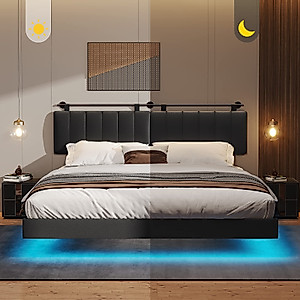 Hasuit Floating Bed Frame King Size with LED Light, Modern King Platform Bed with Vegan Leather Upholstered Headboard, No Box Spring Needed, Noise Free, Easy Assembly