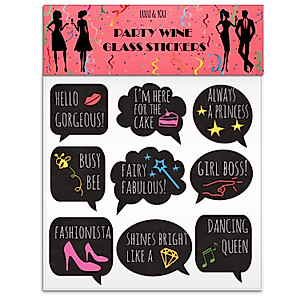 Funny Wine Glass Drink Markers - 18 Static Clings Reusable Glass Stickers - For Wine Tasting Party, Wine Gift and Favors