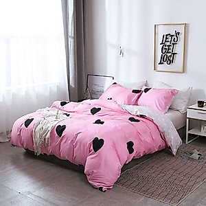 Erosebridal Girls Pink Comforter Cover Queen Black Love Pattern Girly Bedding Set for Kids Child Teens Cartoon Lightweight Grey Reversible Duvet Cover Soft Microfiber Bedclothes Fashion Room Decor