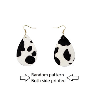 Kathaya Cowhide Both Side Printed Teardrop Hook Earrings Handmade Lightweight Floral Cow Print Earring for Women Girls Dangle Drop Leather Western Earring Set White Black/Brown (White Black)