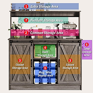 4 EVER WINNER Farmhouse Coffee Bar Cabinet with 9 Racks, Sideboard Buffet Cabinet for Liquor with 6 Hooks & Adjustable Shelves, Large Wine Bar Cabinet for Kitchen Dining Room, Wash Grey