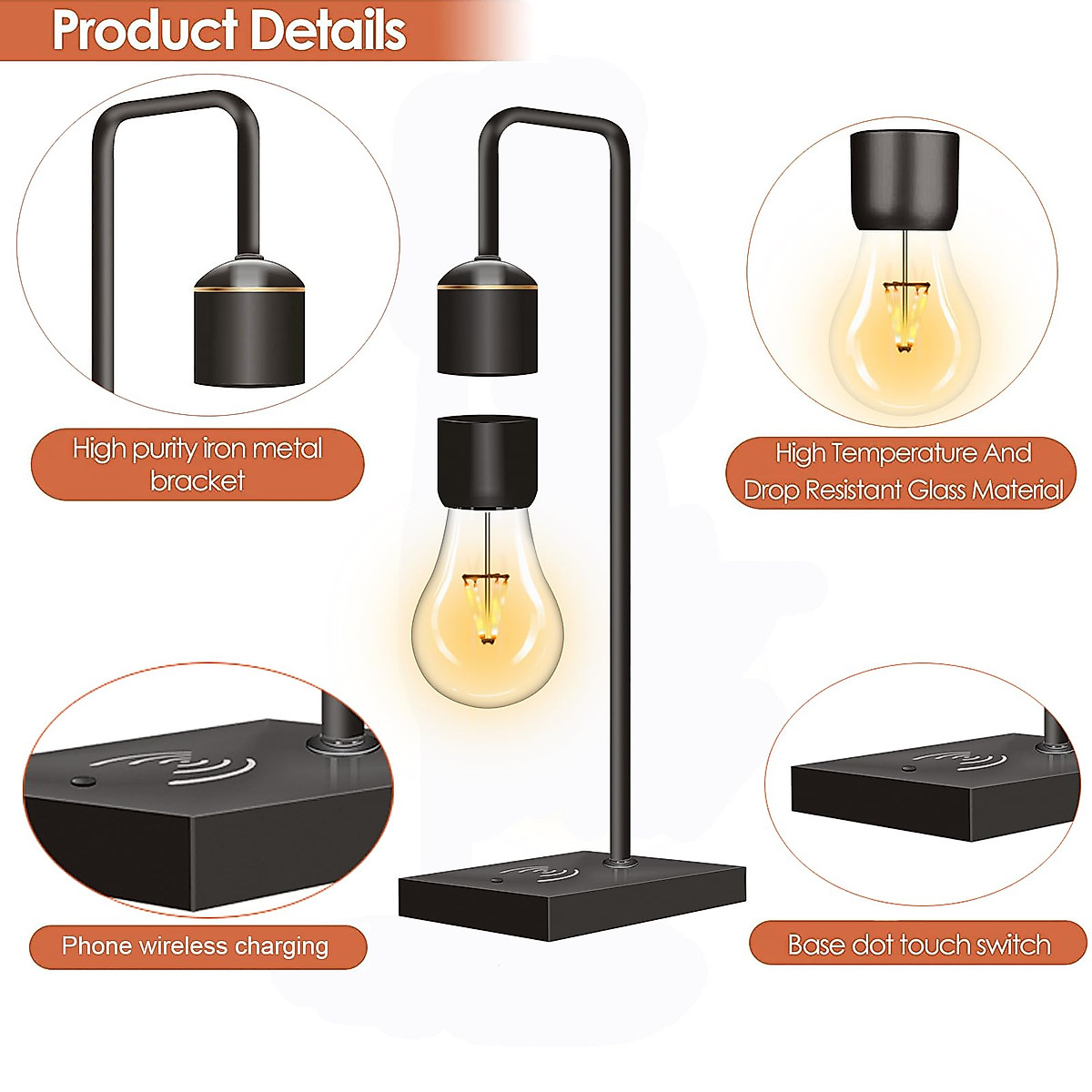 Floatidea Magnetic Levitating Light Bulb with Luxury Wireless Charging Pad (Apple/Android) Levitation Plastic Black Floating Table Lamp White LED Night Light for Bedrooms Desk Toys Office Gifts