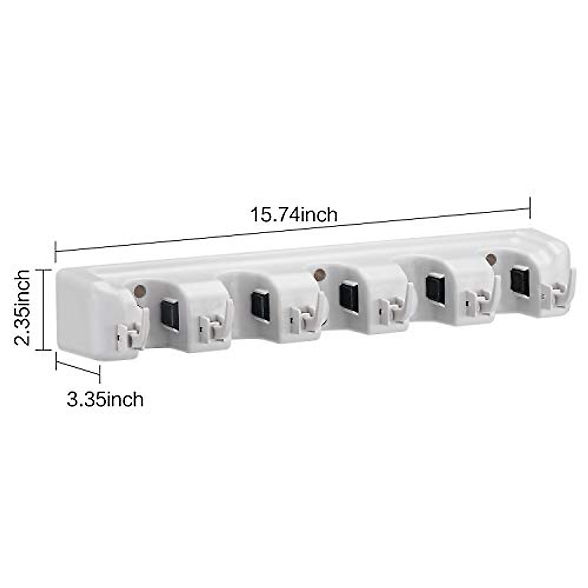 Champs Plastic Mop Broom Holder, Wall Mounted Commercial Organizer Storage Rack for Garden Tools, Kitchen, Garage and Laundry [5 Slots with 6 Hooks] White Grey