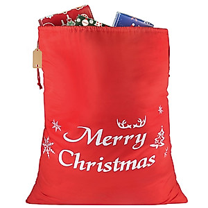 HRX Package Large Cotton Christmas Bag, 32x28 inch Fabric Drawstring Santa Sack, Reusable Cloth Wrapping Bag with Gift Tag for Xmas Presents