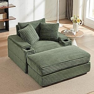 FANYE Oversized Single Sectional Sofa Couch Soft Corduroy Upholstered Modular Sleeper Daybed Deep Seat Chaise Sofa&Couch with Movable Ottoman, Cupholders and Storage Armrests