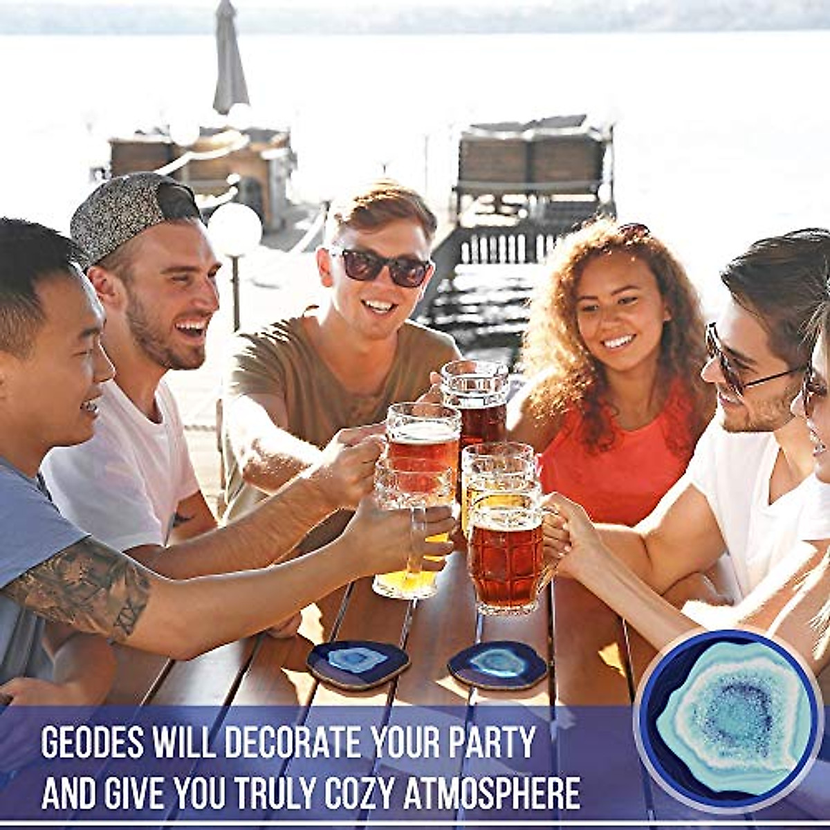 BedRock Blue Agate Coasters for Drinks - Set of 4 - Brazilian Geode Decor - (4"-4.5" Blue)